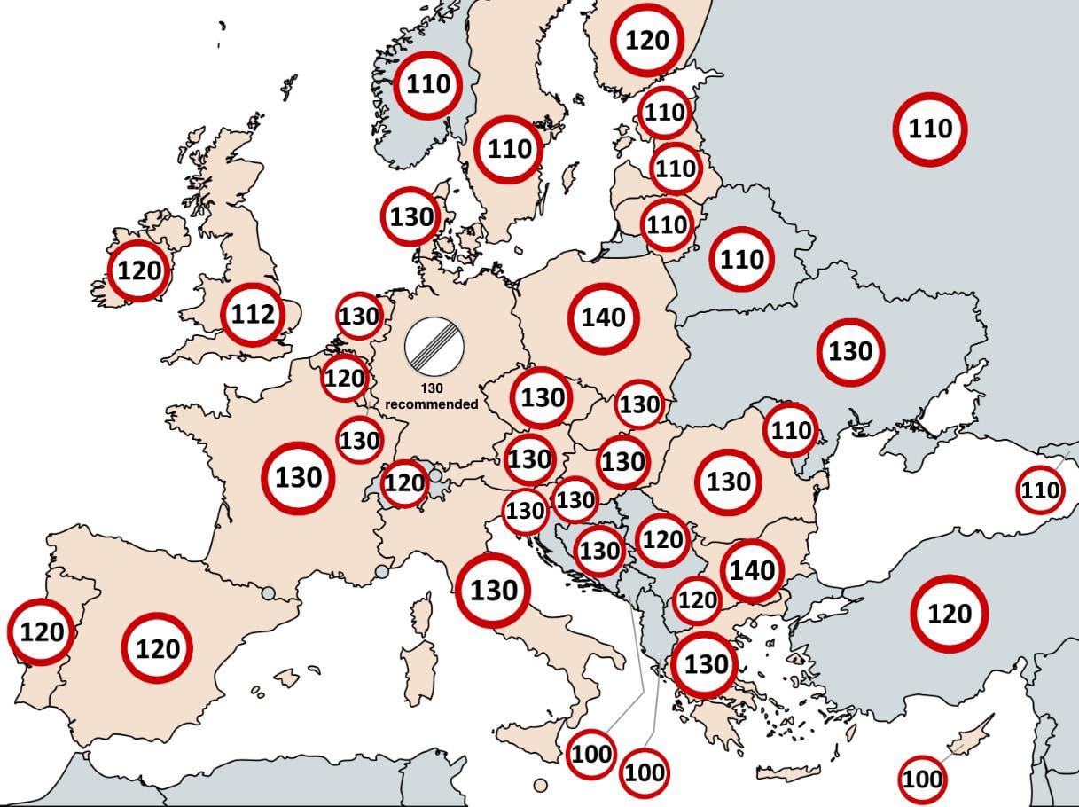 Maximale Geschwindigkeitsbegrenzungen auf europäischen Autobahnen (km/h ...